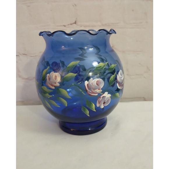 Unmarked | Accents | Vintage Hand Painted Cobalt Blue Glass Ruffle Edge ...